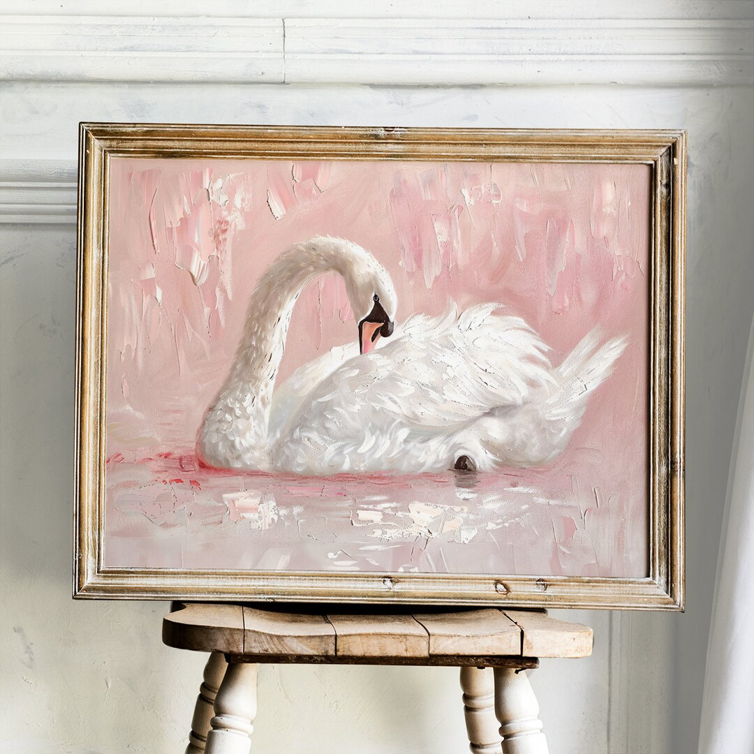 Blush Pink Swan Painting Print, Vintage Coquette Wall Art (UNFRAMED ...