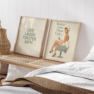 Live Laugh Toaster Bath Set of 2 Cream Sage Boho Green Bathroom Prints ...