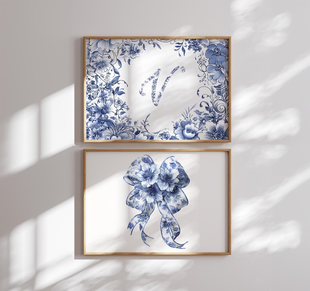 Delft Blue Floral Bow Monogram Print Personalized Wall Art Coquette Bow ...