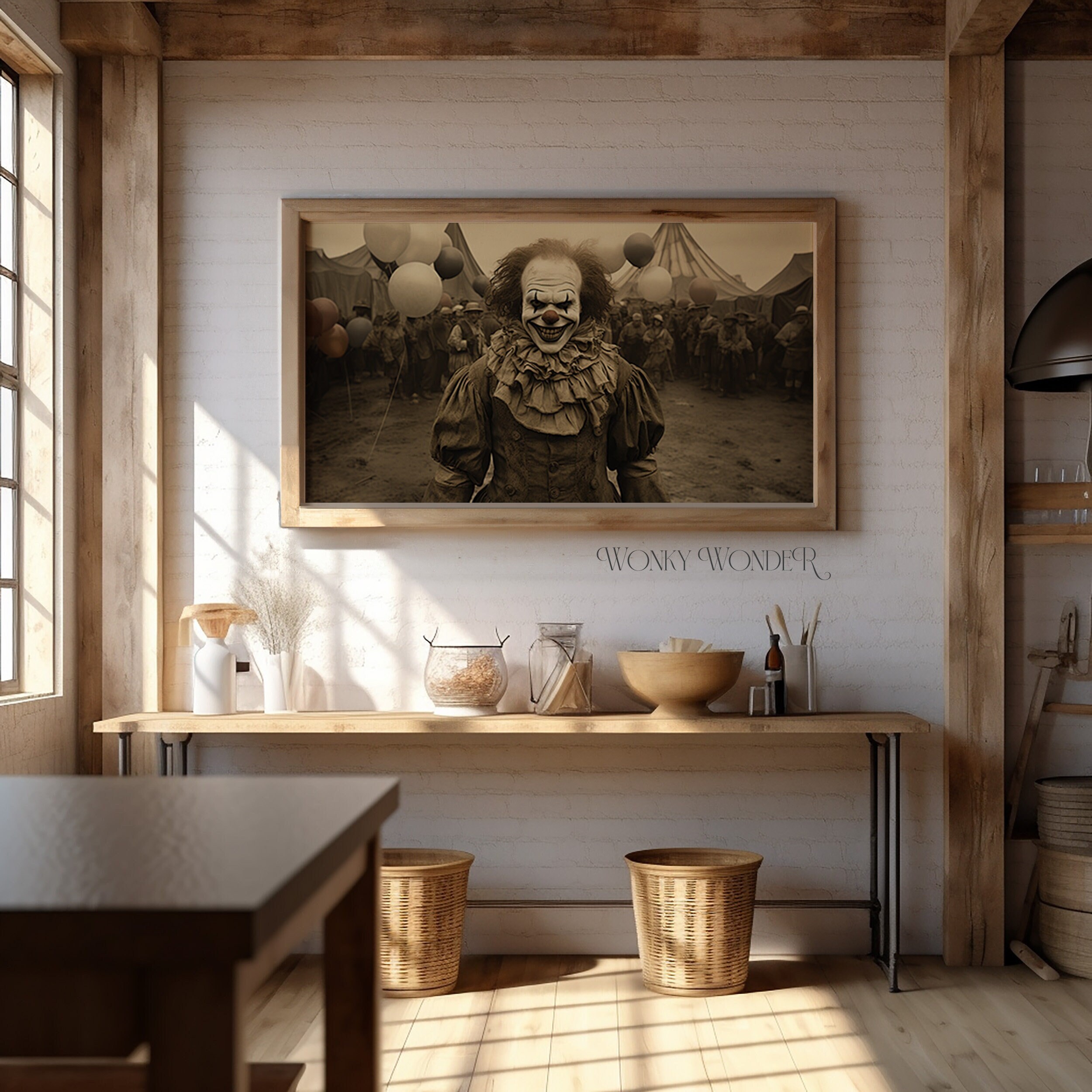Samsung Frame TV Art Creepy Scary Clown Set of 2 Vintage Sepia Tone ...