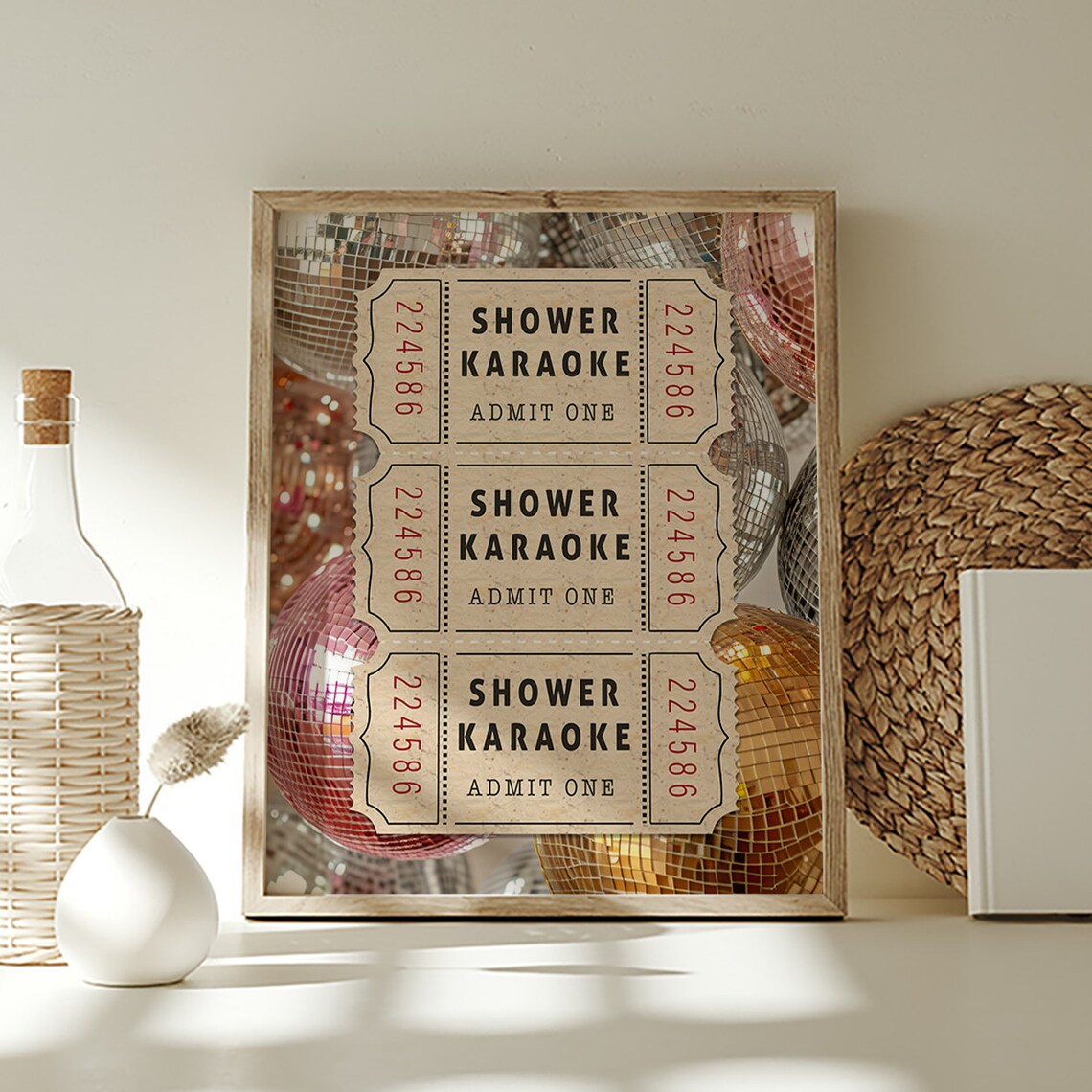 Shower Karaoke Ticket Print Bathroom Funny Wall Art Disco Balls Silver ...