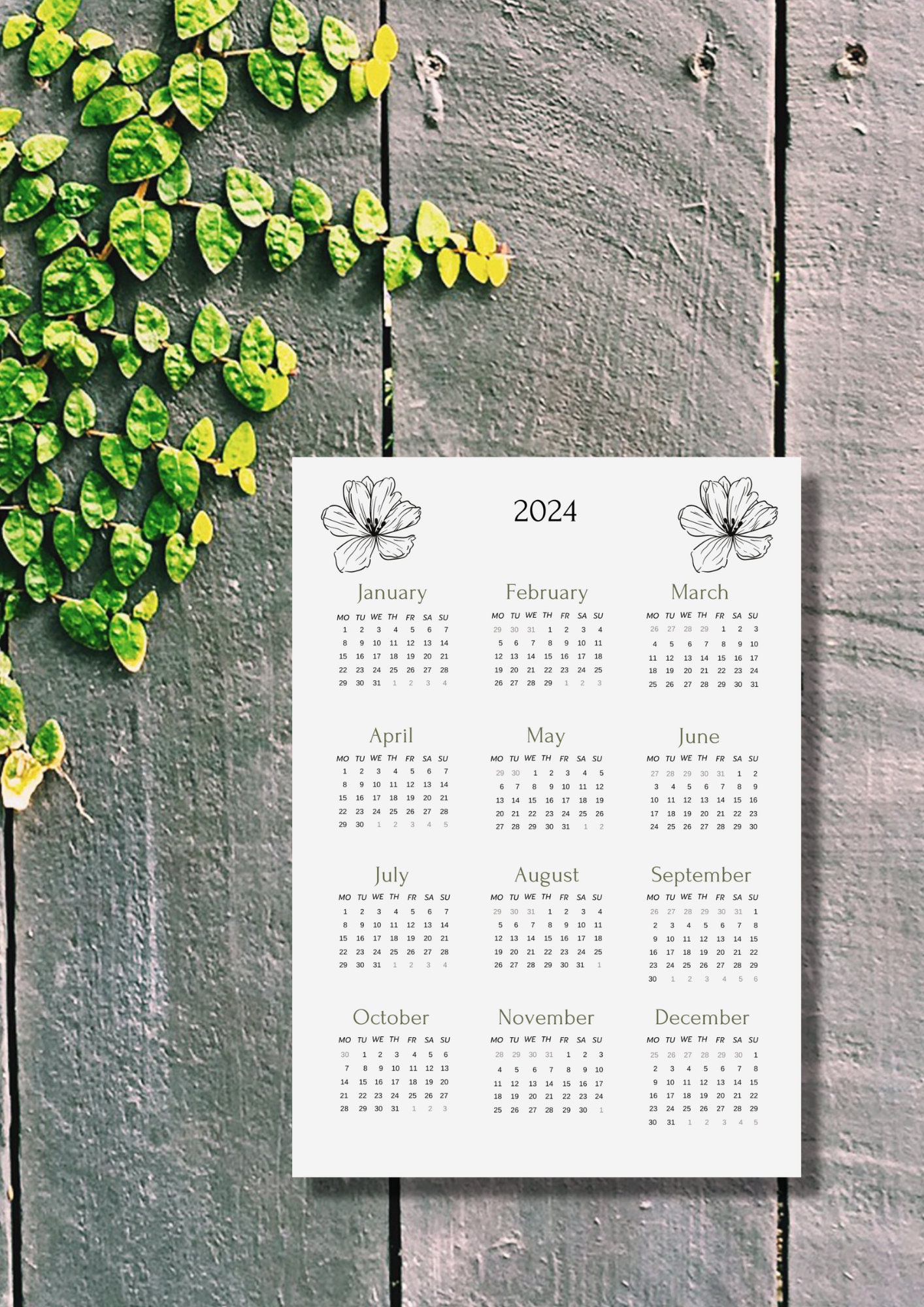 2024 Yearly Printable Calendar (PDF Files Included) - Etsy
