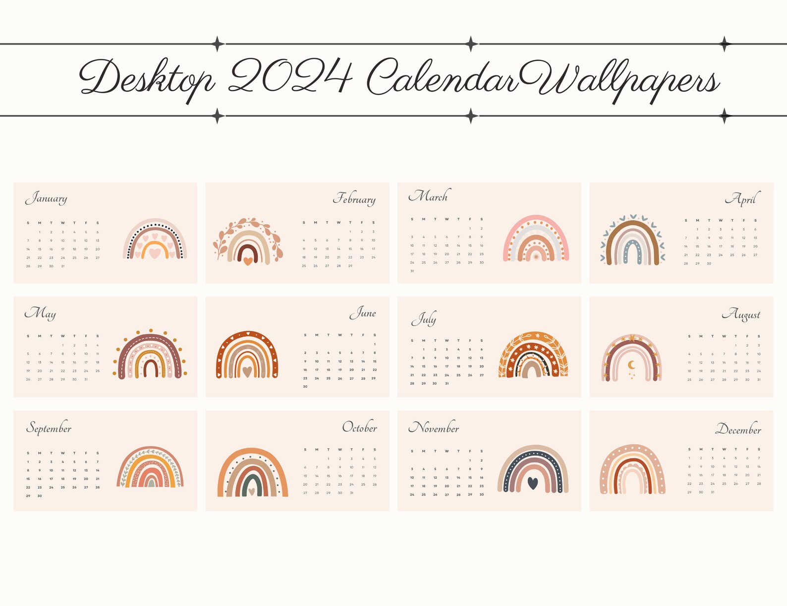 Rainbow Boho Digital Wallpaper 2024 Monthly Desktop Calendar Wallpaper ...