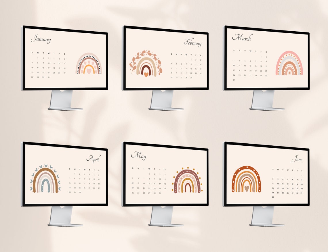 Rainbow Boho Digital Wallpaper 2024 Monthly Desktop Calendar Wallpaper ...