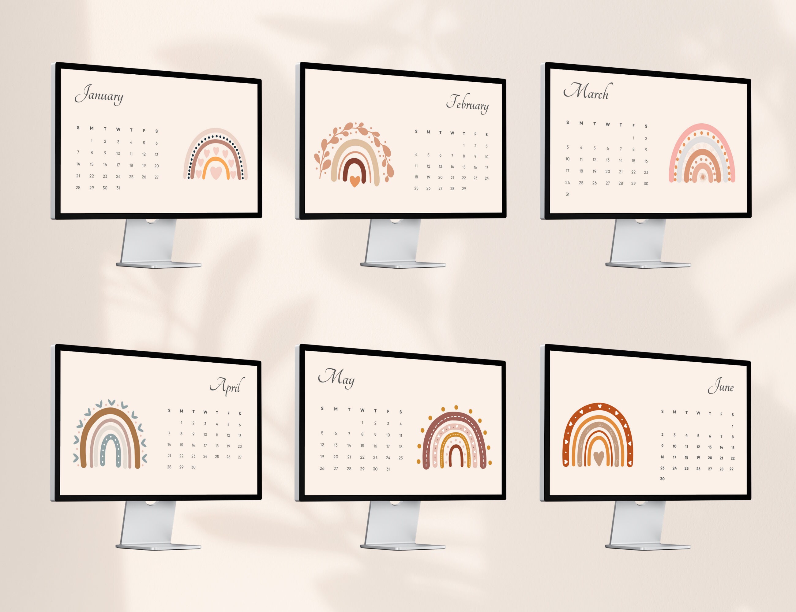 Rainbow Boho Digital Wallpaper 2024 Monthly Desktop Calendar Wallpaper ...