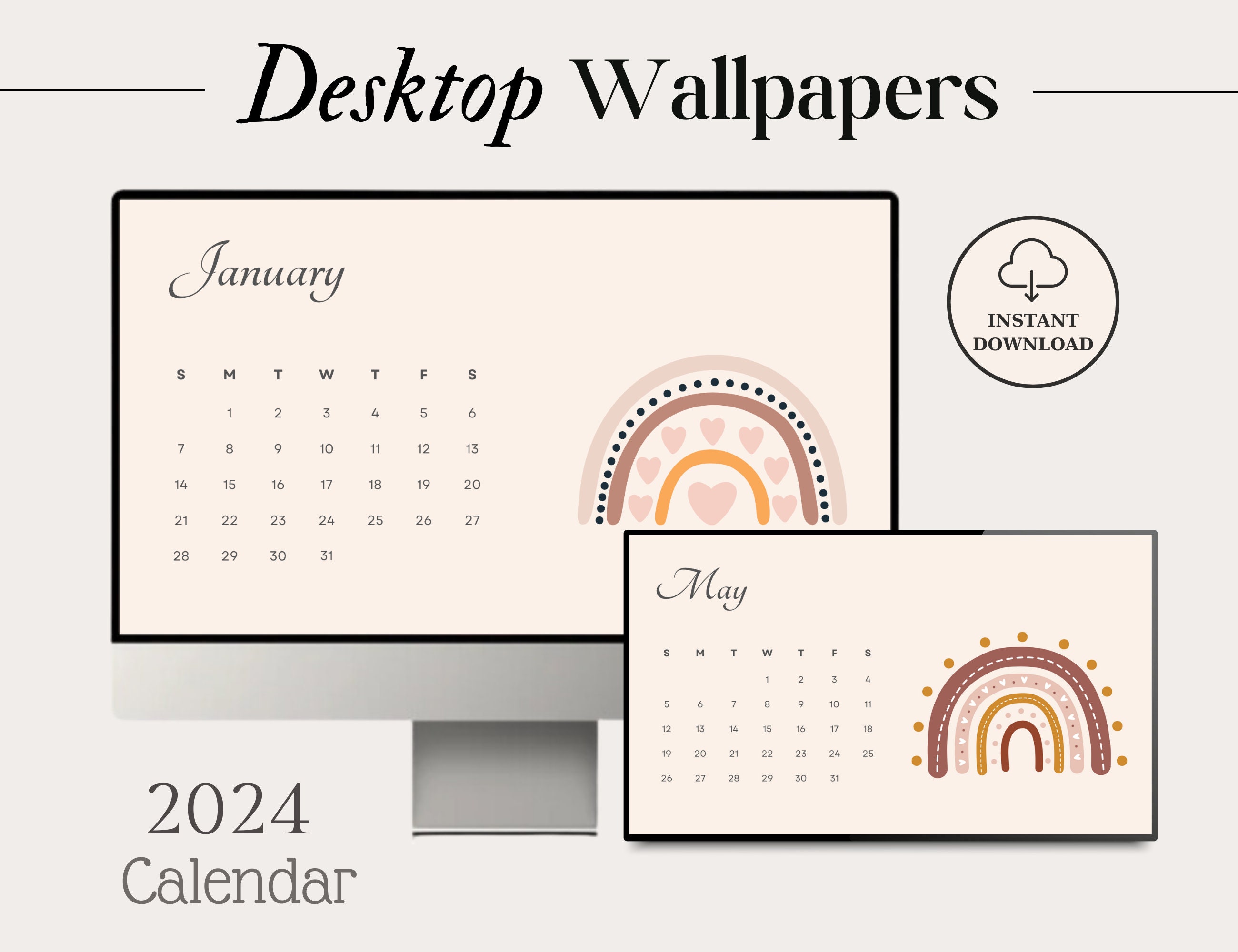 Rainbow Boho Digital Wallpaper 2024 Monthly Desktop Calendar Wallpaper ...