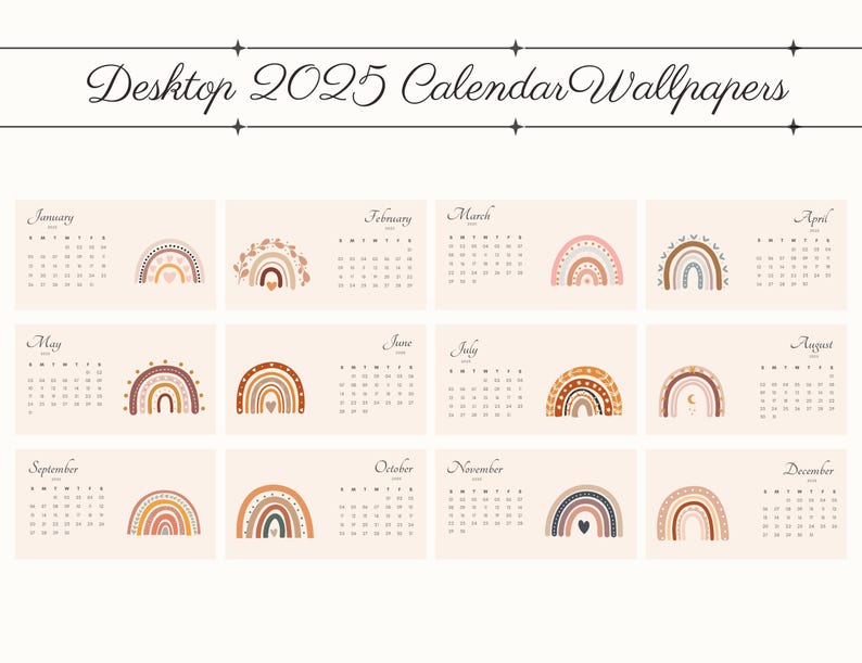 Boho Rainbow Desktop Calendar 2025 Monthly Digital Calendar Wallpaper ...