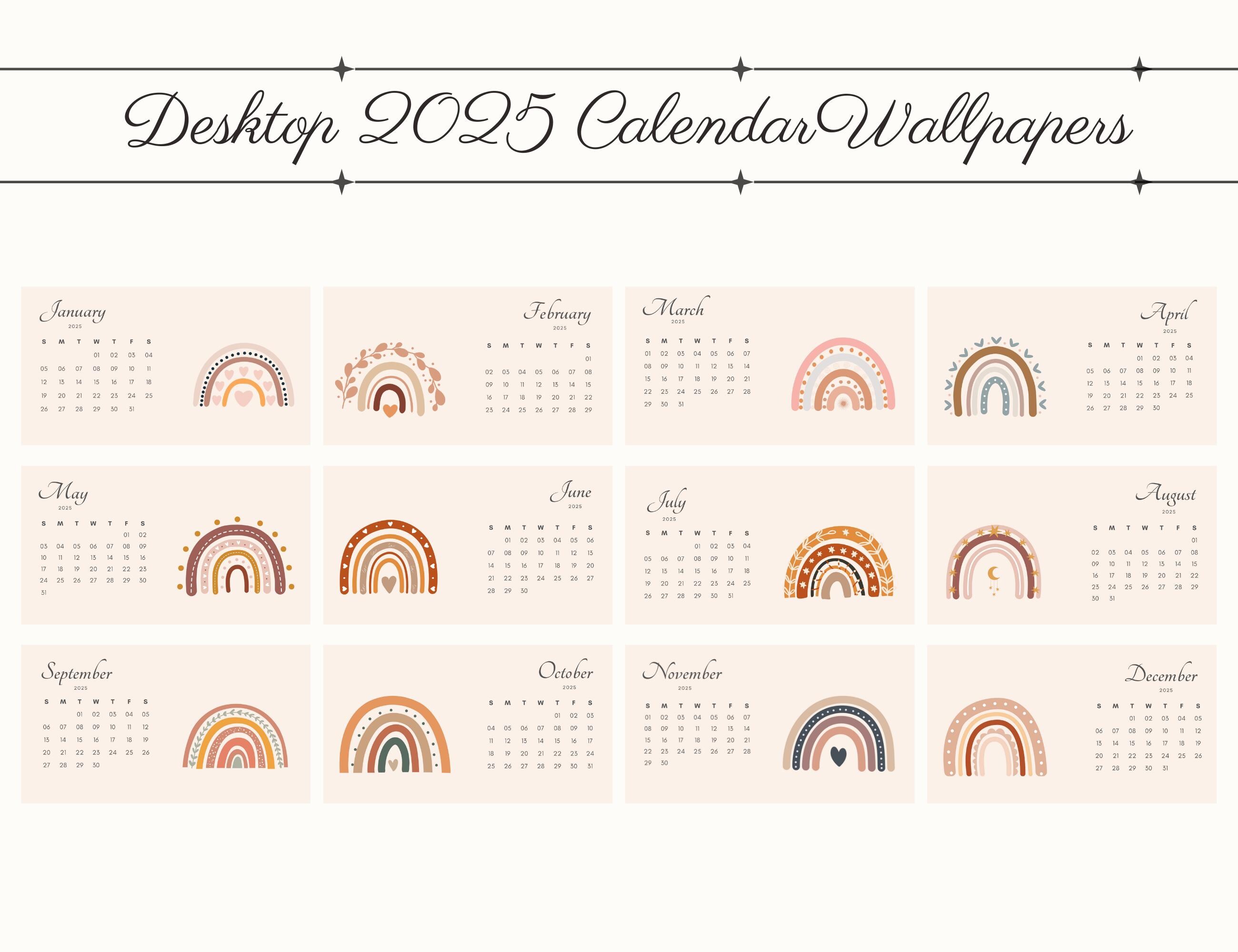 Boho Rainbow Desktop Calendar 2025 Monthly Digital Calendar Wallpaper ...
