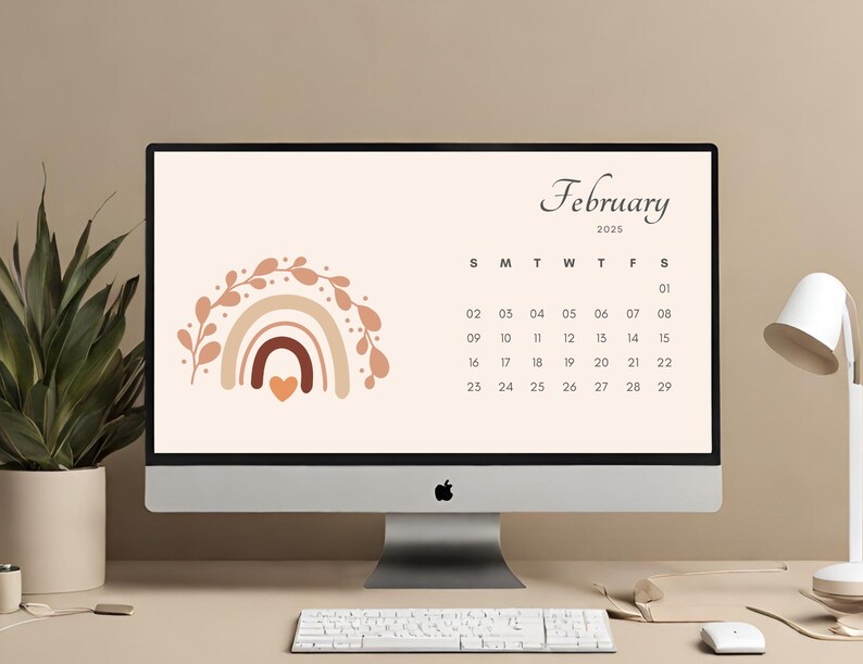Boho Rainbow Desktop Calendar 2025 Monthly Digital Calendar Wallpaper ...