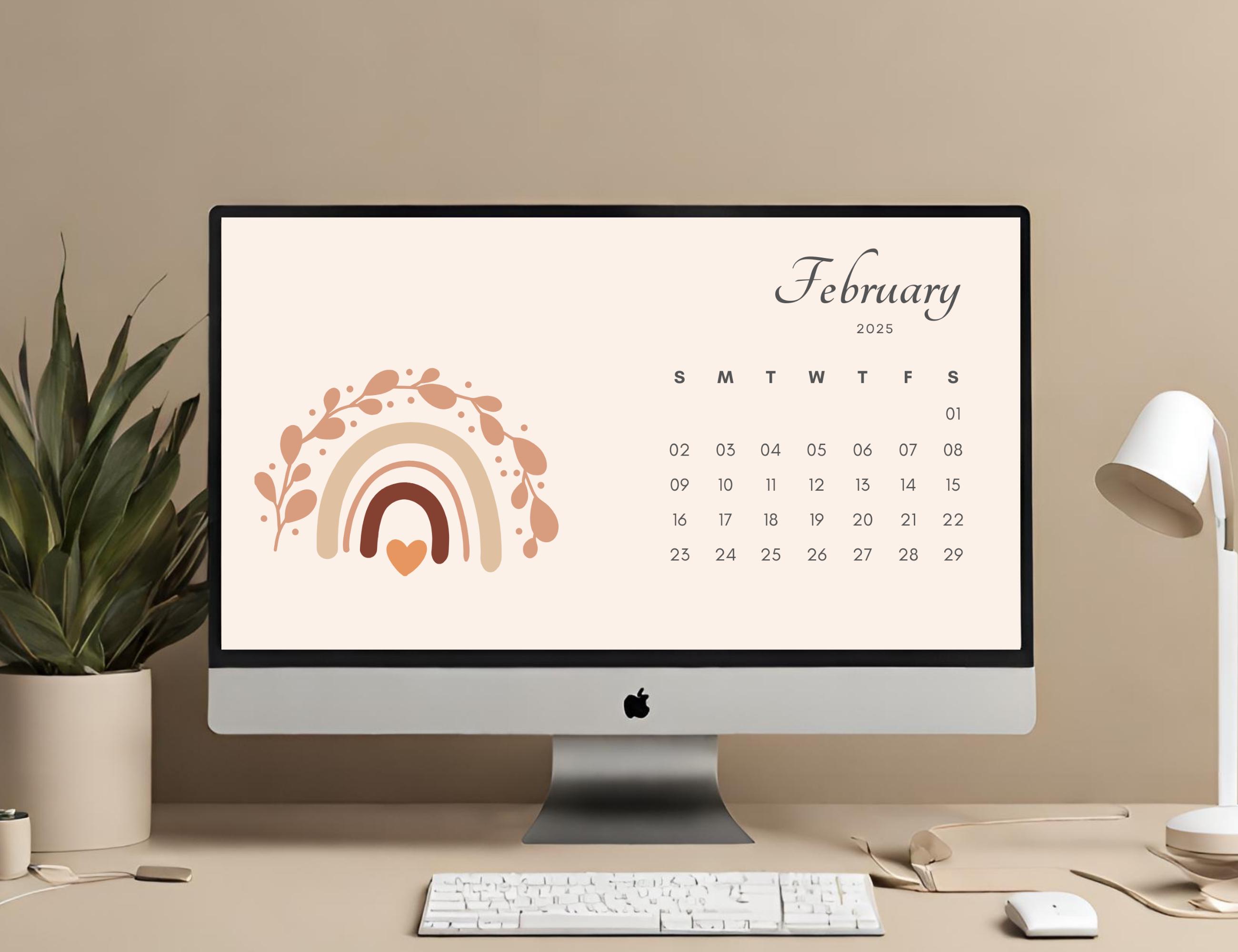 Boho Rainbow Desktop Calendar 2025 Monthly Digital Calendar Wallpaper ...