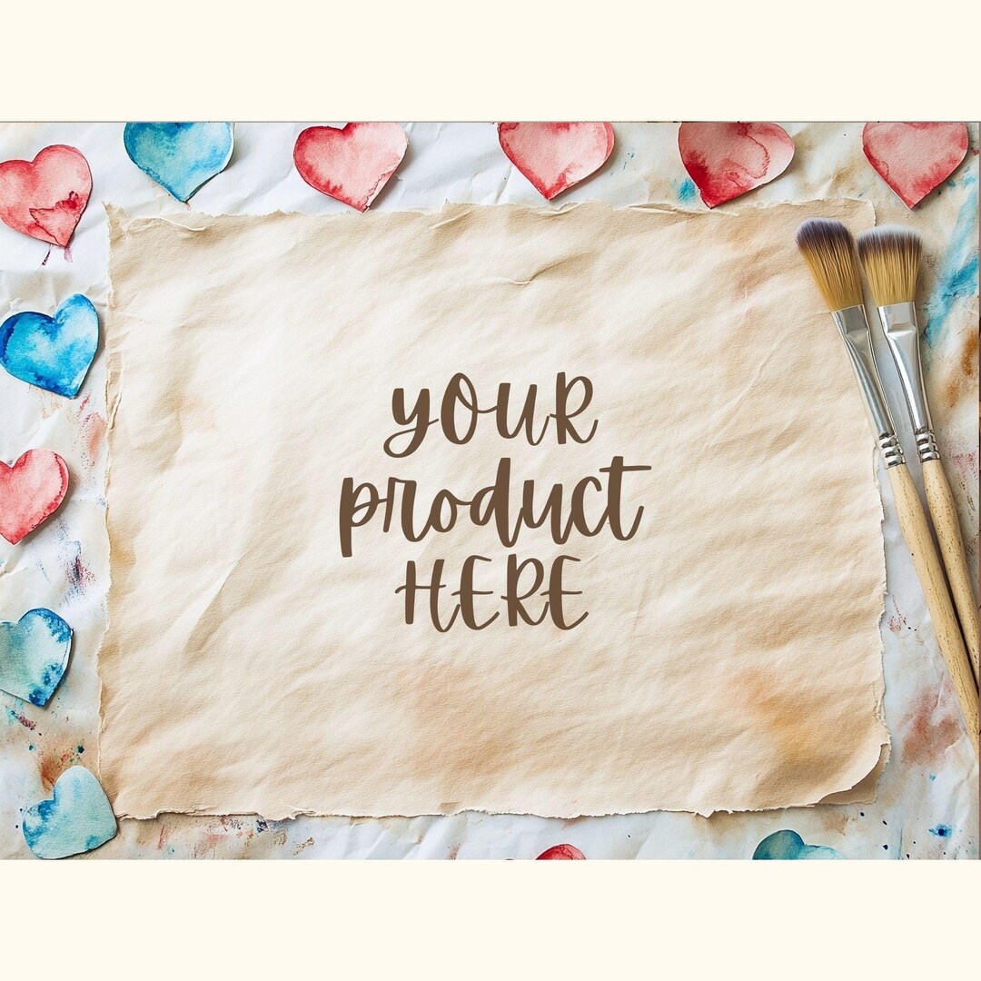 Valentines Day Flat Lay Mockup, Watercolor Hearts Paintbrushes Flatlay ...