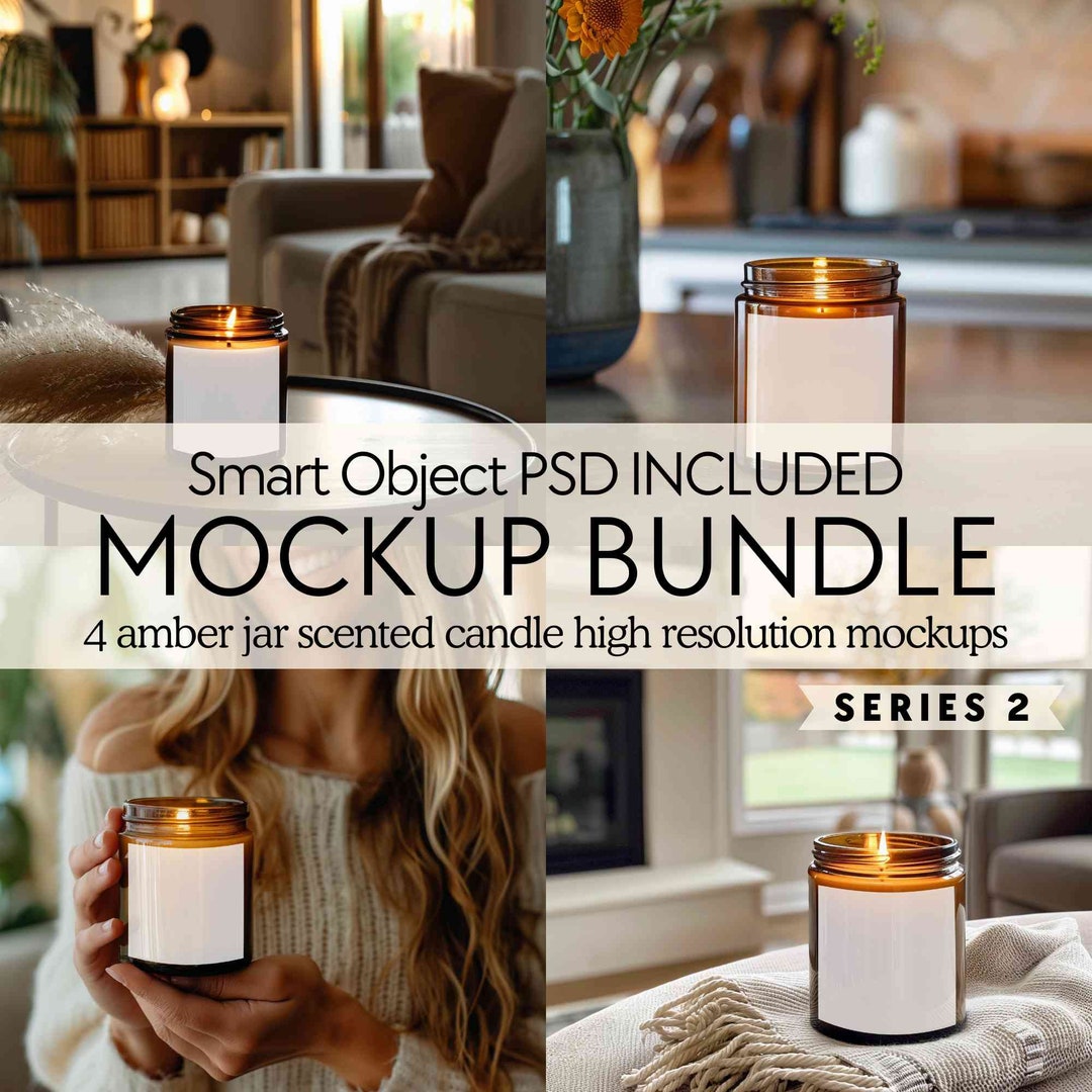 Amber Candle Mockup Bundle PSD, Scented Soy Candle Mockups, 9oz Amber ...