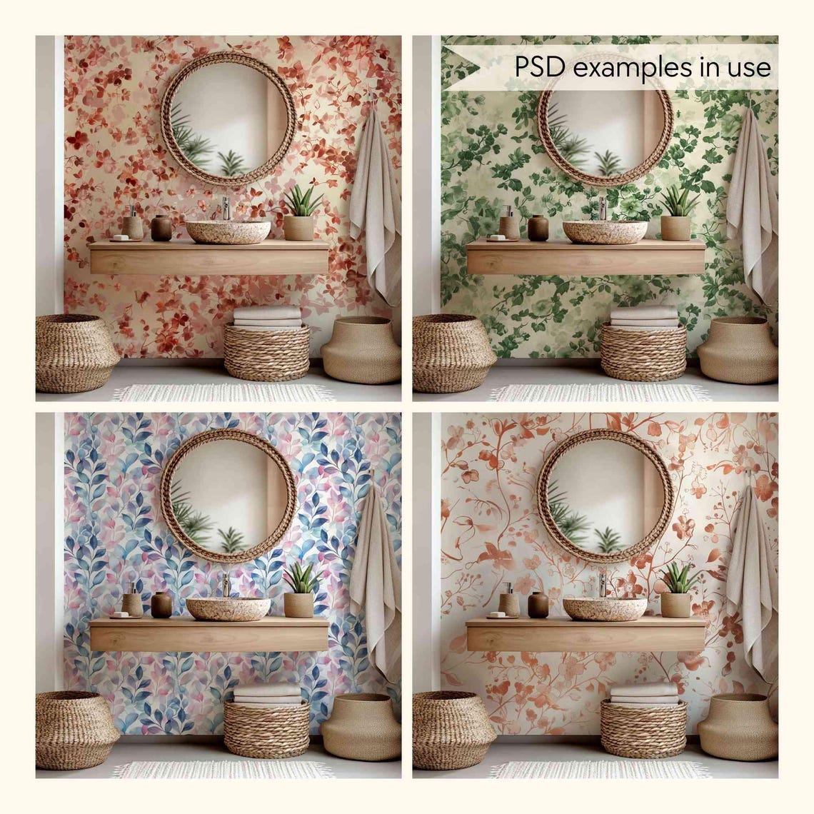 Bathroom Sink Wallpaper Mockup, Boho Modern Bathroom Empty Wall Mockup ...