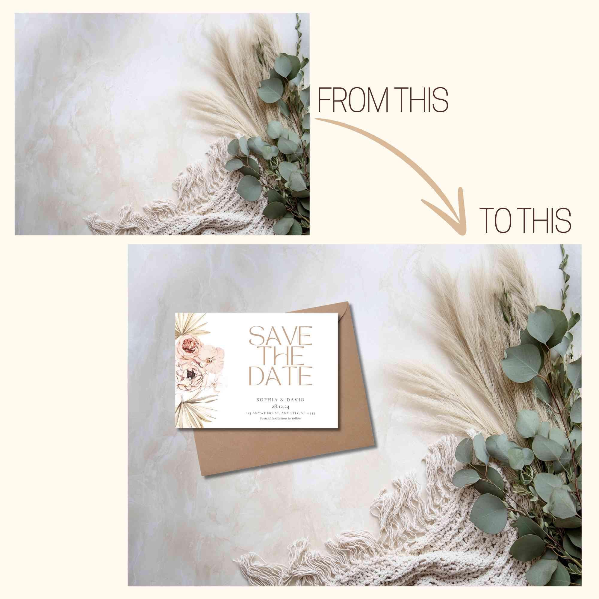 Boho Flat Lay Background Mockup, Greenery Flowers Table Flatlay Digital ...