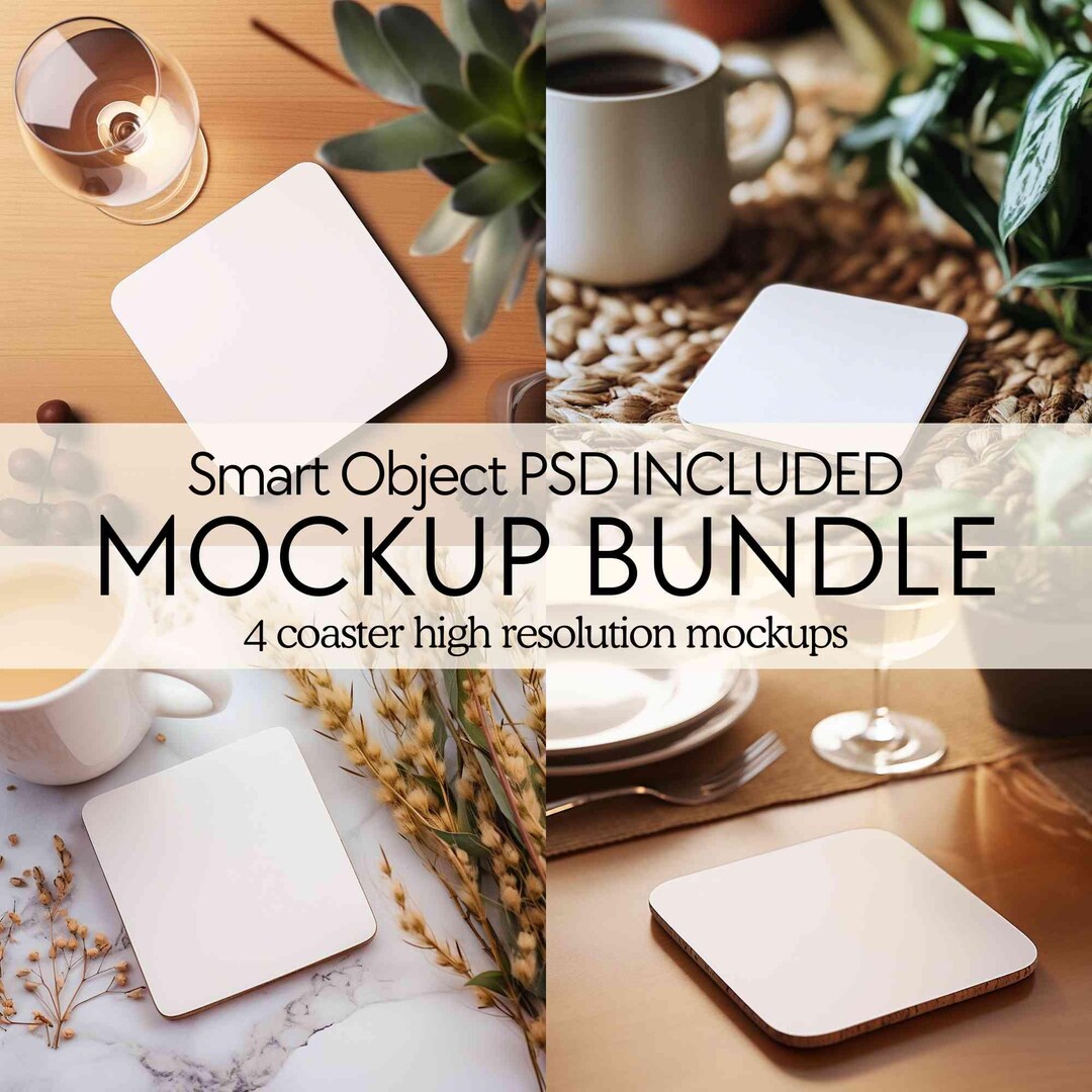 4x Coaster Mockup Bundle, PSD Coffee Cup Coaster Mockup, Cork Back ...