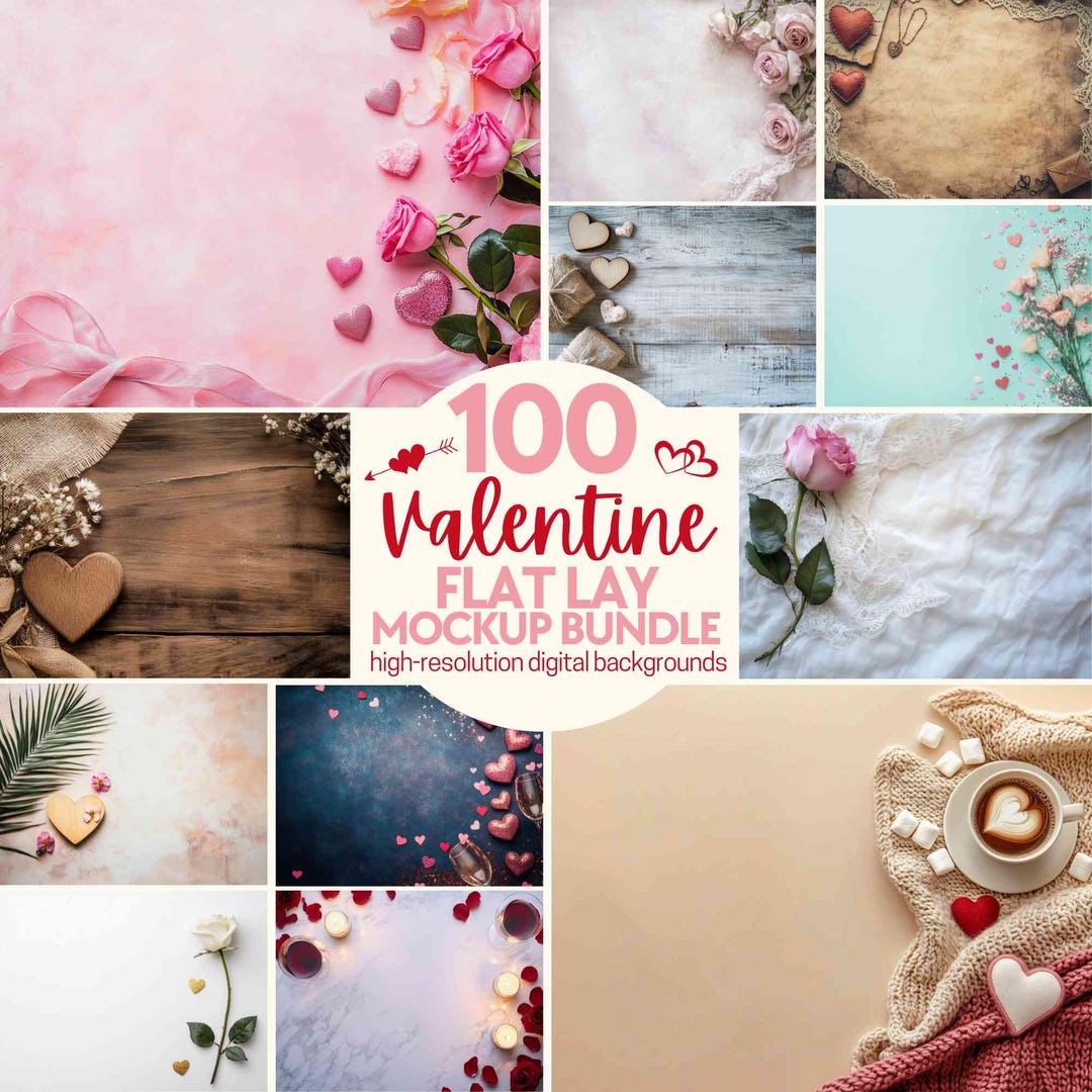 100x Valentine's Day Flat Lay Background Mockup Bundle, Romantic ...
