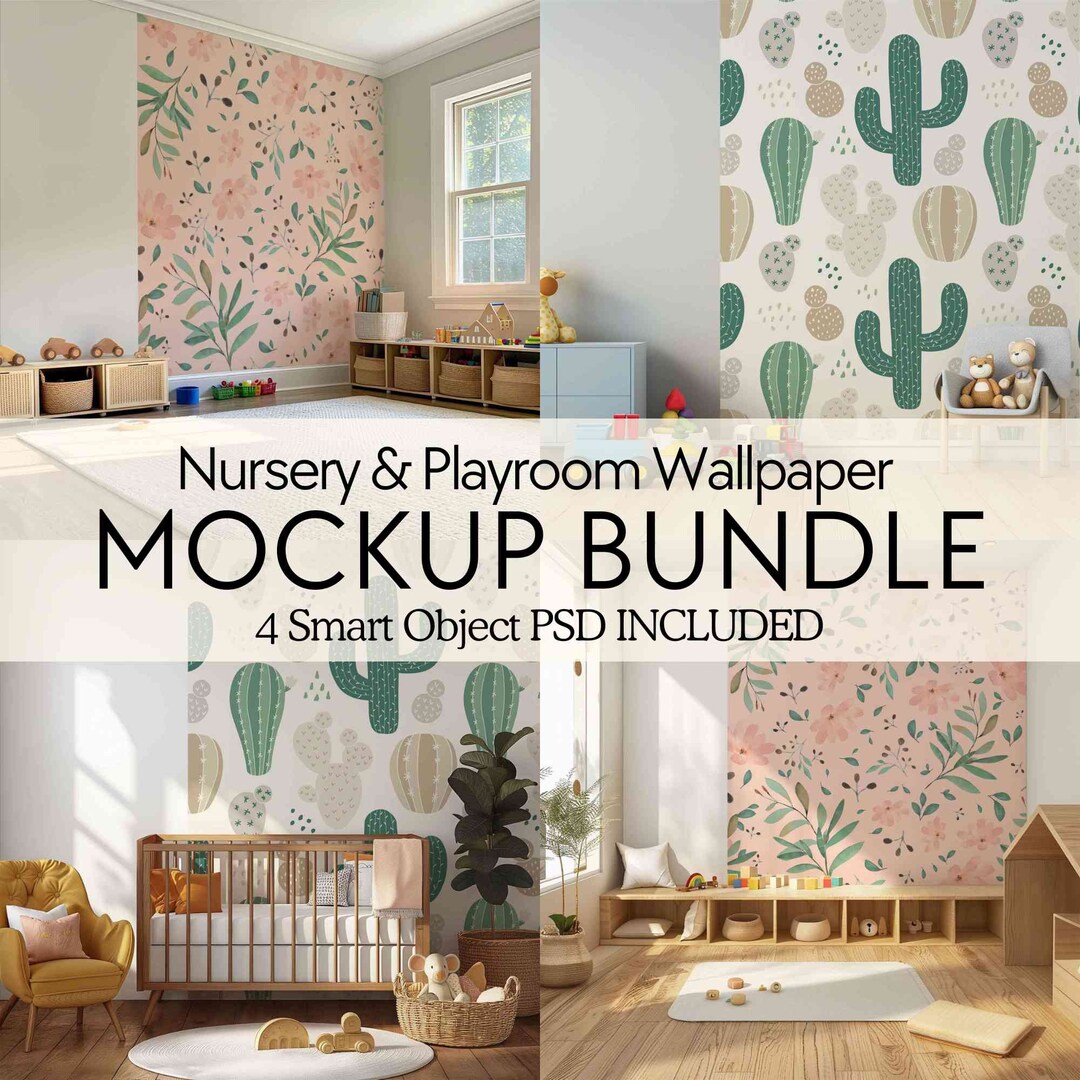 Nursery Wallpaper Mockup Bundle, PSD Kids Playroom Wall Mockups, Baby Room Blank Wall Mock-ups ...