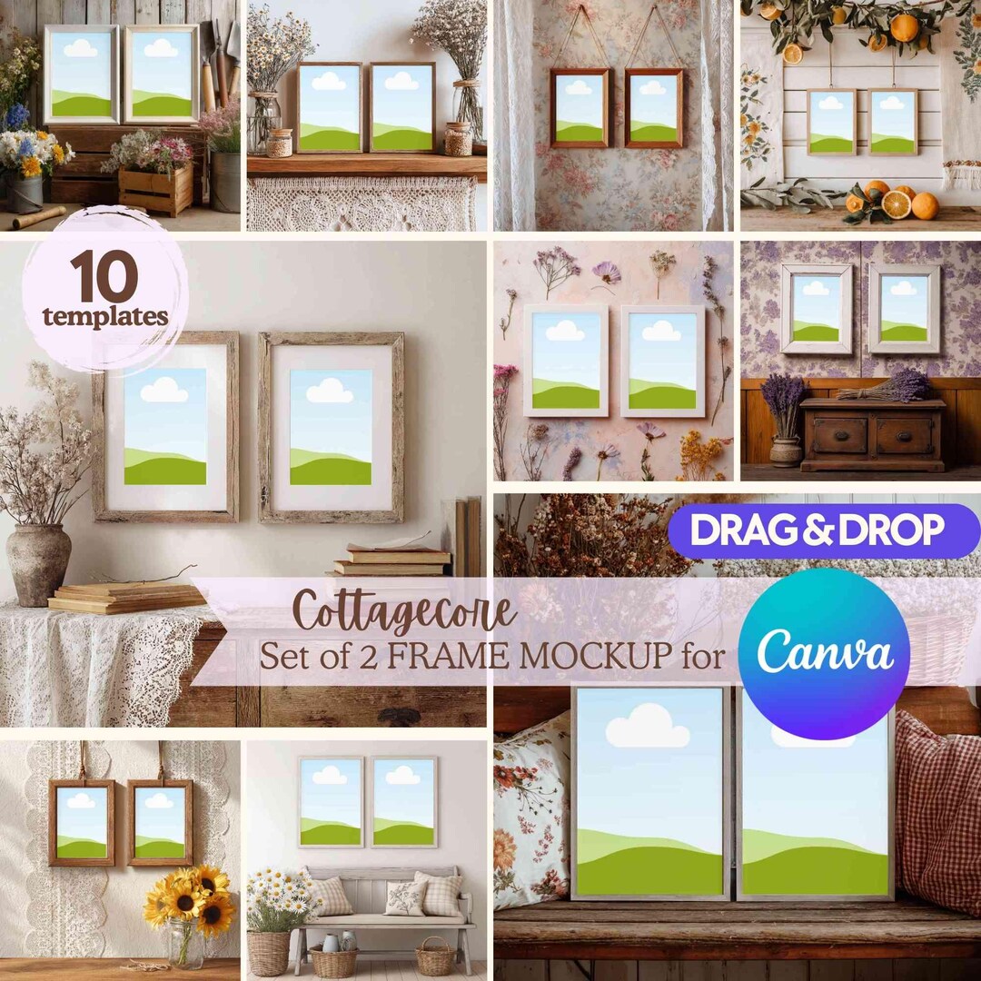 10 Canva Cottagecore Frame Mockups – Set of 2 Vertical Frames in Rustic ...
