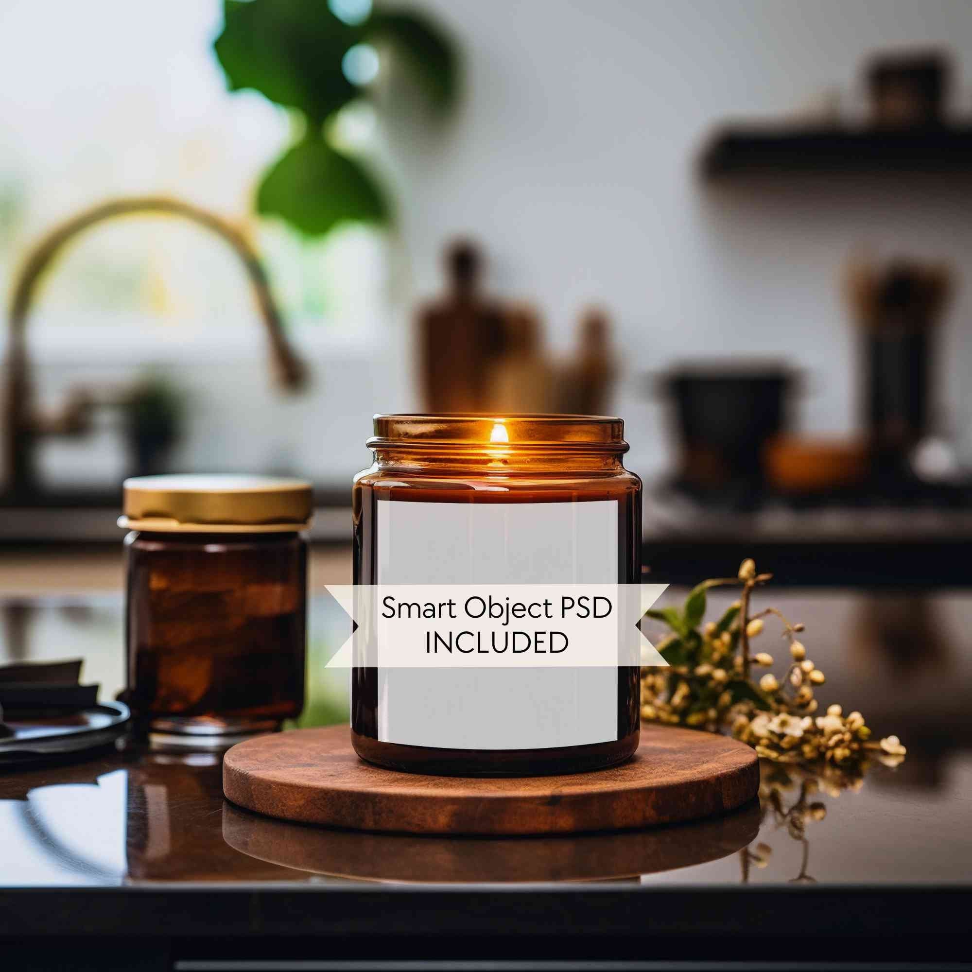 Amber Glass Candle Mockup PSD, Jar Candle Mockup With Tag, 9oz Candle ...