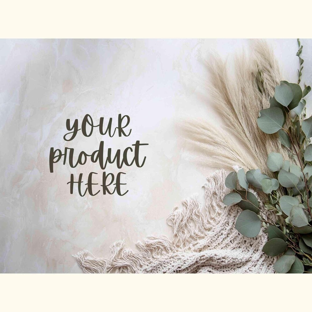 Boho Flat Lay Background Mockup, Greenery Flowers Table Flatlay Digital ...