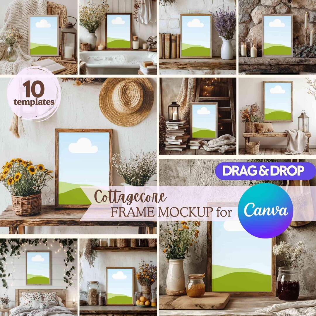 Cottagecore Frame Mockup Bundle, Canva Template Drag & Drop Frame ...
