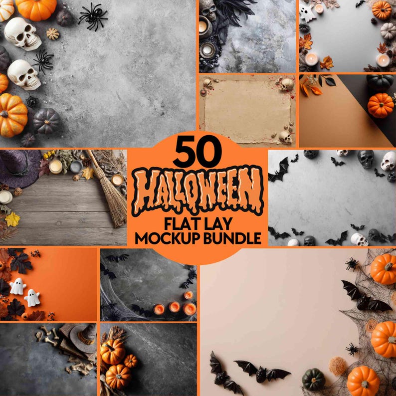 50 Halloween Flat Lay Mockups – Spooky JPG Backgrounds With Pumpkins ...