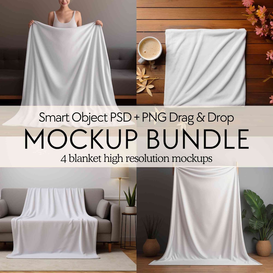 Blanket Mockup Bundle, Canva Drag & Drop PNG, PSD Smart Object, Throw ...