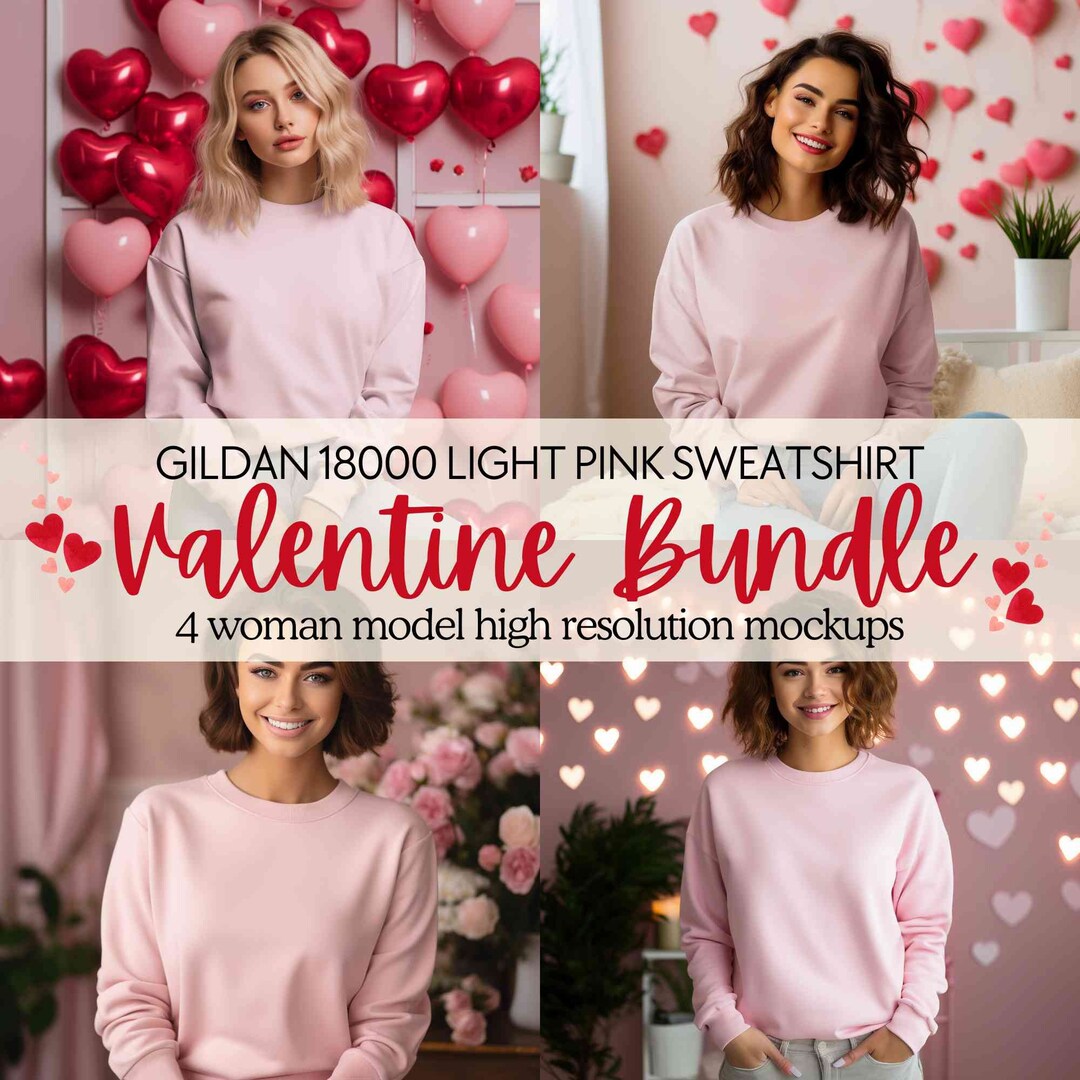 Light Pink Valentines Sweatshirt Mockup Bundle, Pink Gildan 18000 Mocks ...