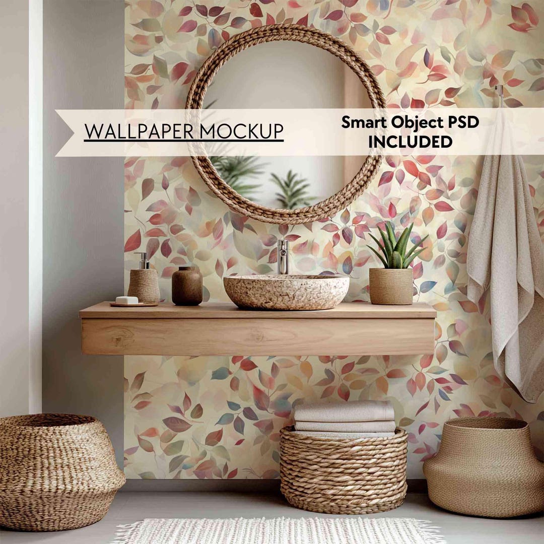 Bathroom Sink Wallpaper Mockup, Boho Modern Bathroom Empty Wall Mockup ...