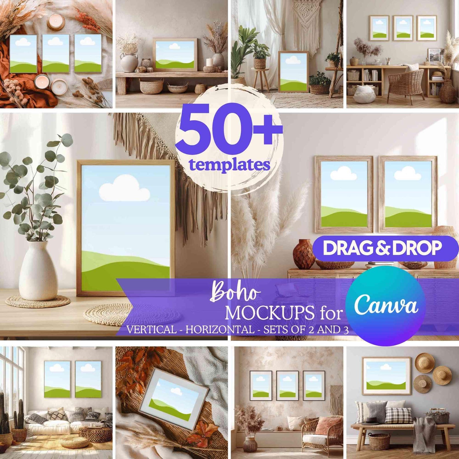 BUNDLE 50+ Boho Frame Mockups for Canva – Drag & Drop Wall Art ...