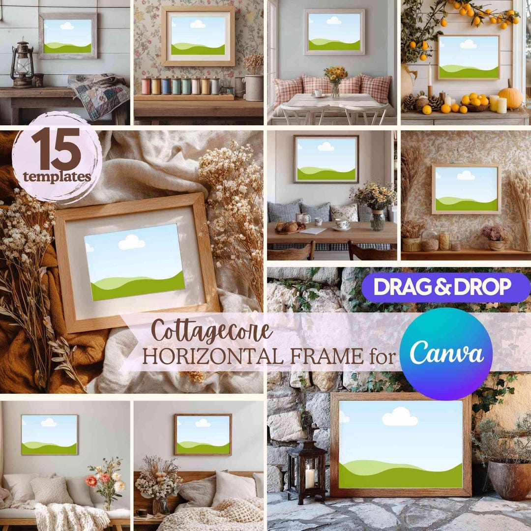 15 Cottagecore Horizontal Frame Mockups for Canva – Drag & Drop A4 Wall ...