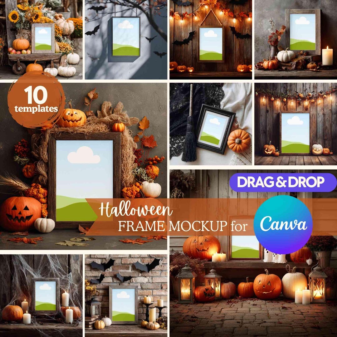 10 Halloween Frame Mockups – Spooky Poster Mockup Bundle | Canva Drag ...