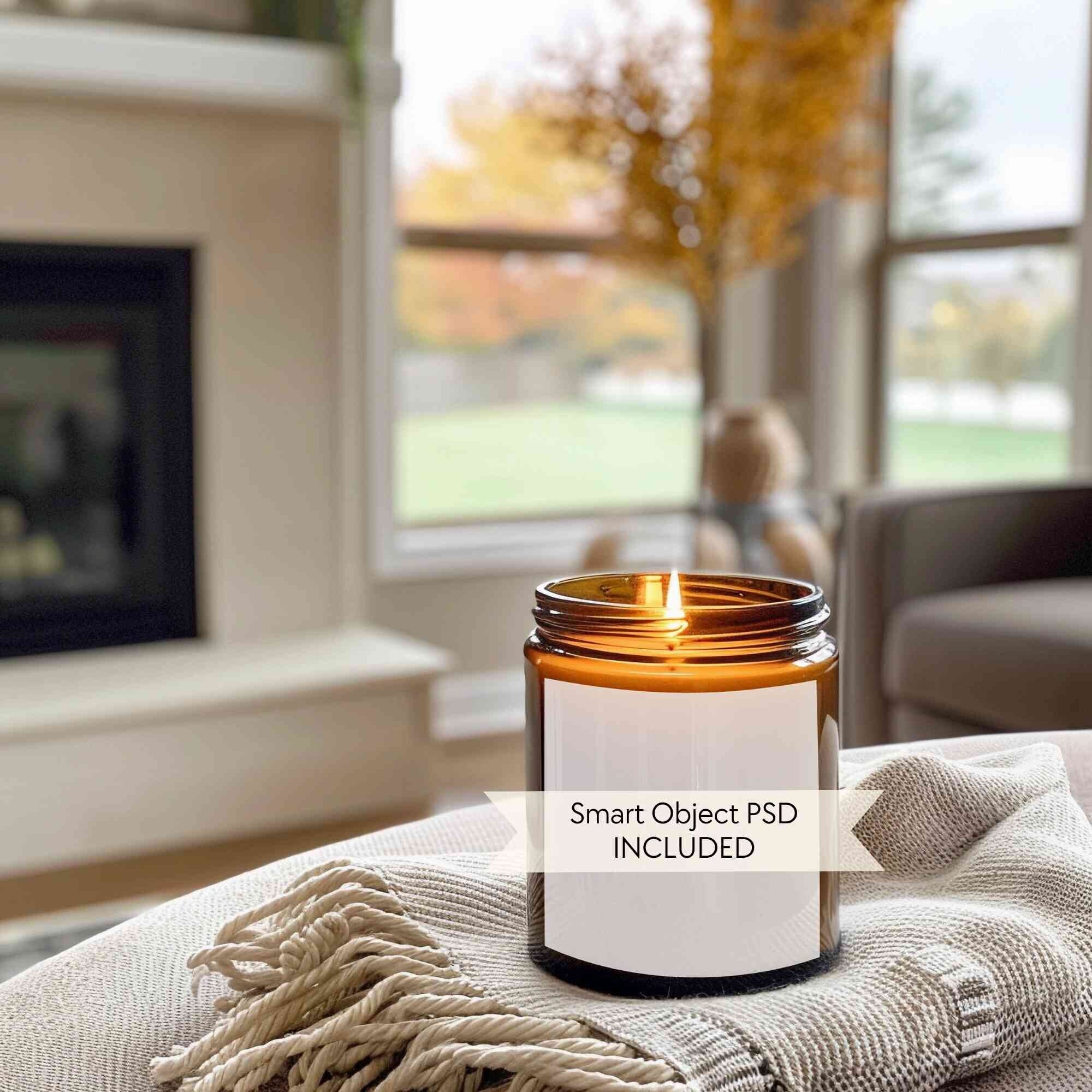 Amber Glass Candle Mockup PSD, Jar Candle Mockup With Tag, 9oz Candle ...