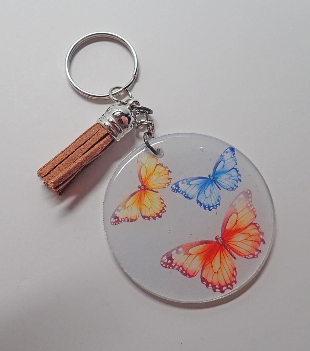 Keychain, Butterflies, Yellow, Blue, Orange, Round, Brown Tassel ...