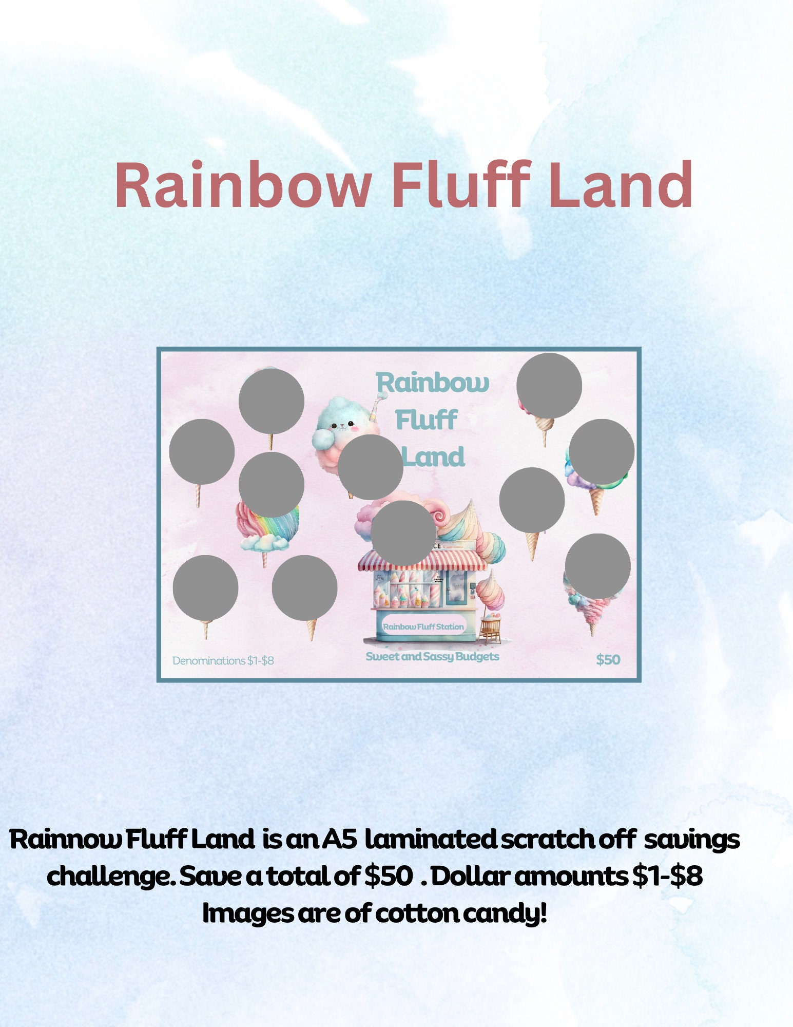 Savings Challenge, rainbow Fluff Land Laminated Scratch off Savings ...
