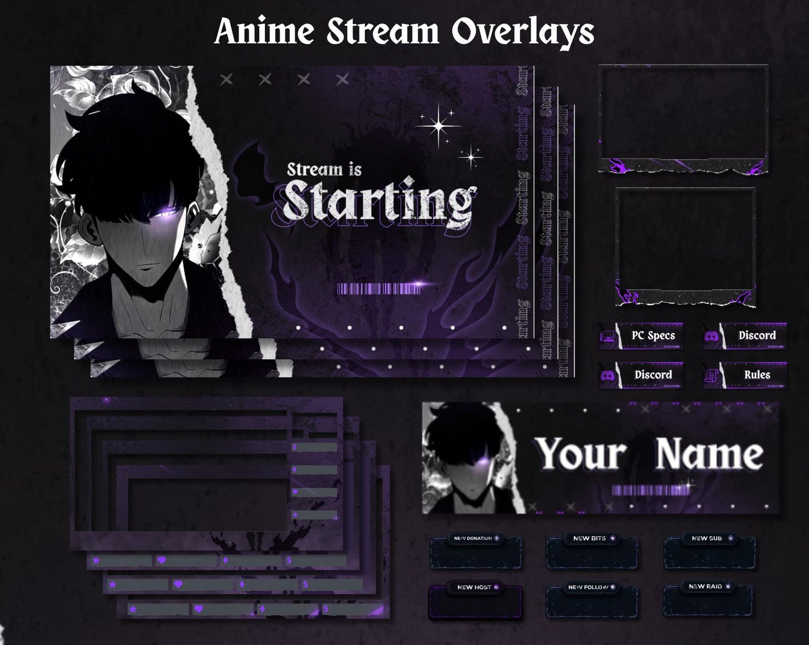 Dark Anime Stream Overlay Package for Streaming | Twitch, Kick, Youtube ...