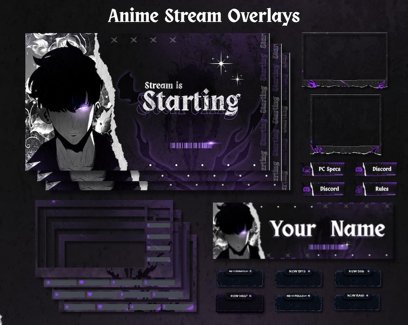 Dark Anime Stream Overlay Package for Streaming | Twitch, Kick, Youtube ...