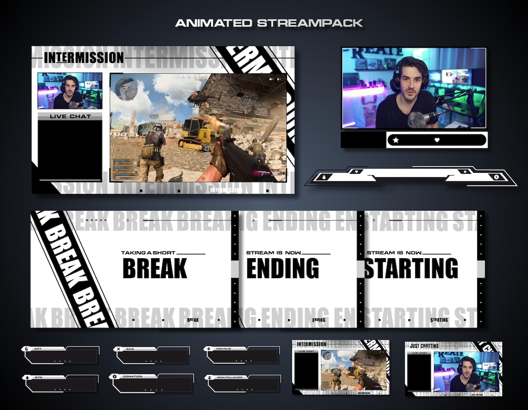 Minimal White and Black Animated Stream Overlay Package for Streaming ...