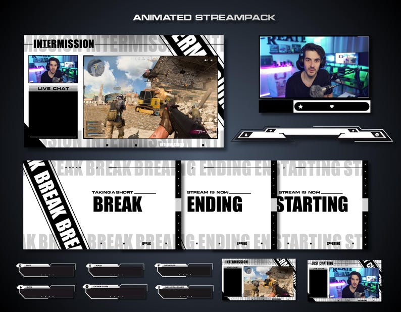 Minimal White and Black Animated Stream Overlay Package for Streaming ...