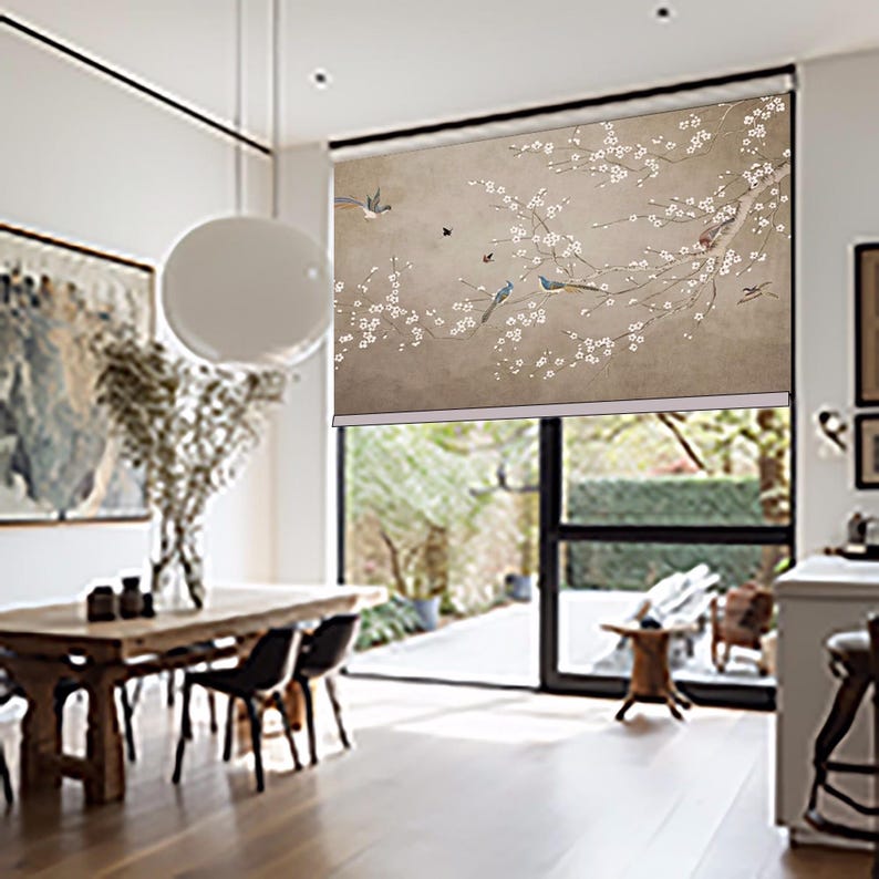 Chinoiserie Blackout Roller Shade: Birds on Trees, Colorful Window ...