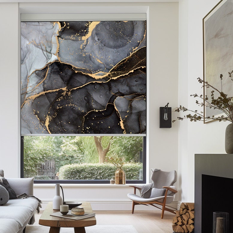 Dark Gold Marble Roller Shades, Seamless Marble Blackout Roller Blinds , Black Gold Window ...