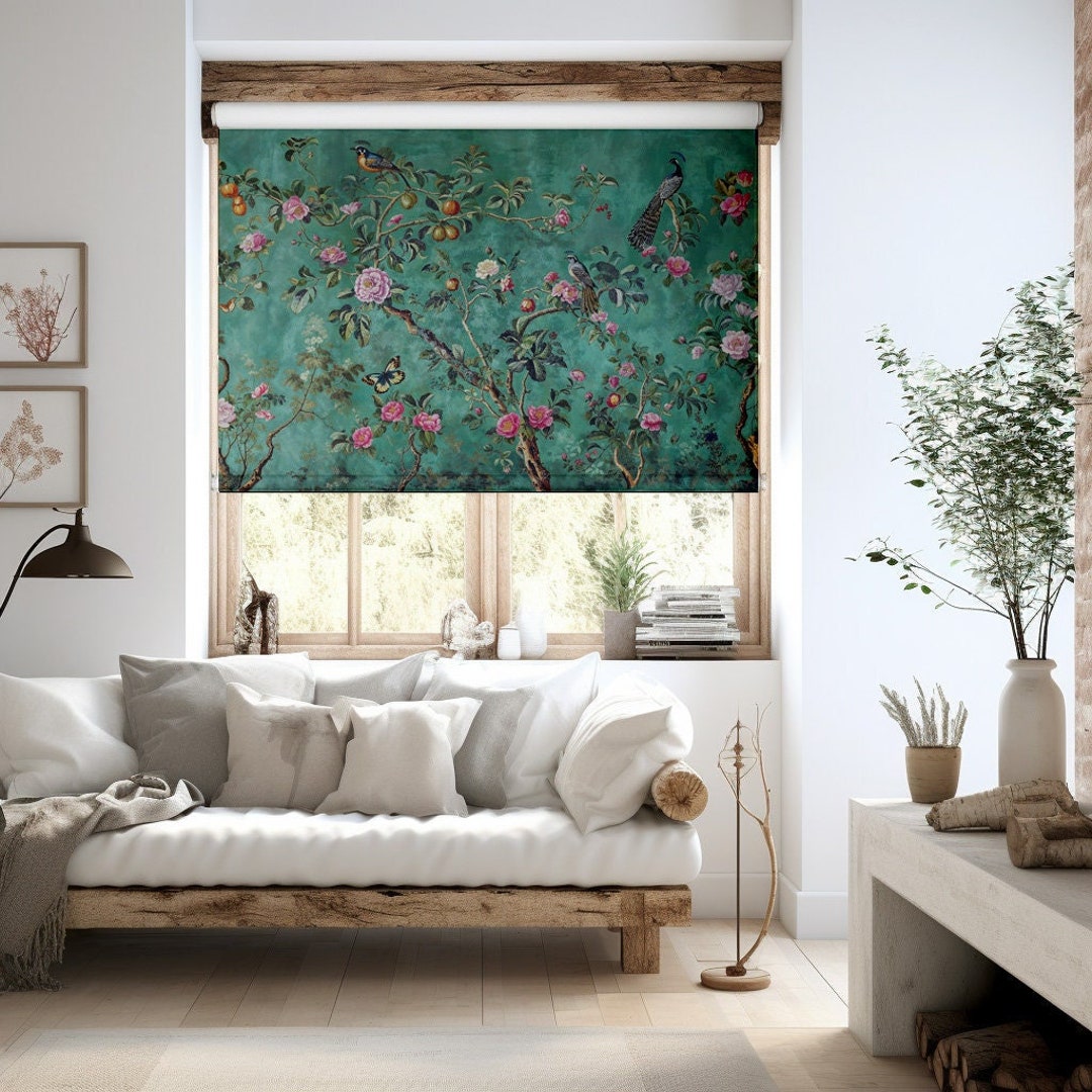 Turquoise Chinoiserie Roller Blind: Vintage Birds, Custom Window Shade ...