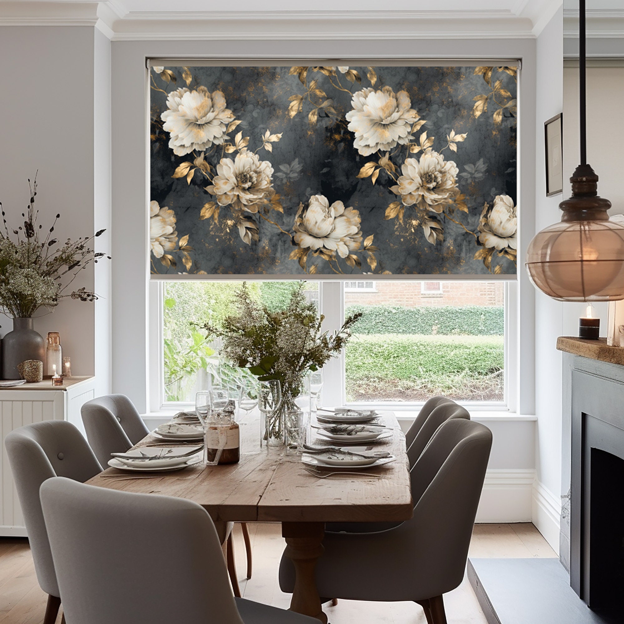 Black and Gold Roses Blackout Roller Shade: Luxury Floral Window Blind ...
