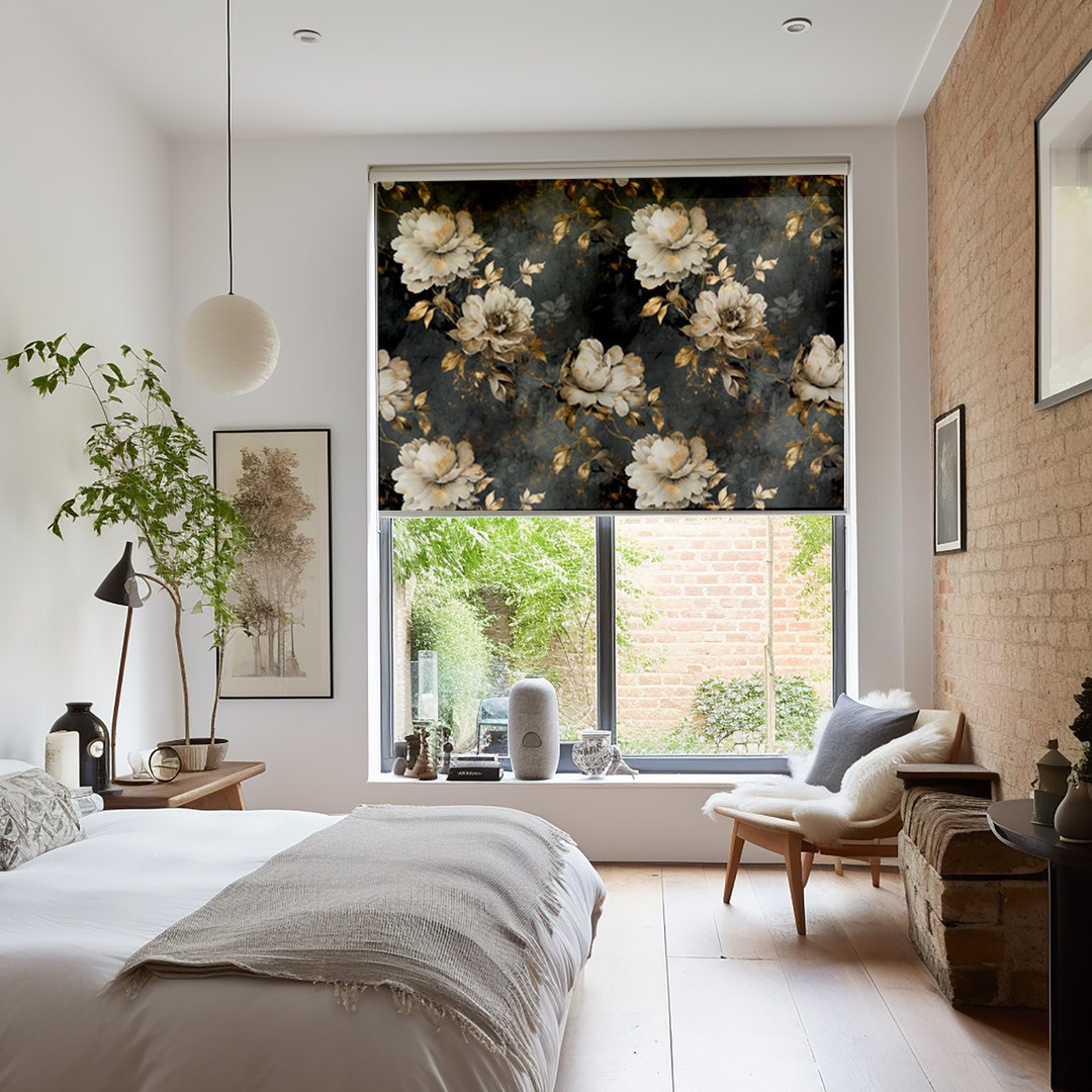 Black and Gold Roses Blackout Roller Shade: Luxury Floral Window Blind ...