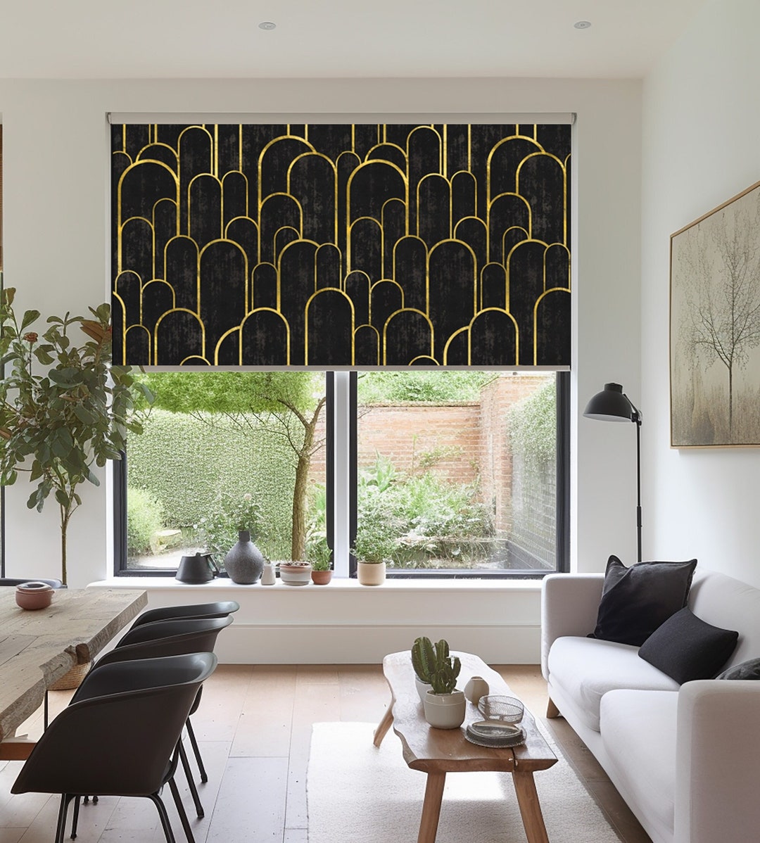 Gold Black Luxury Pattern Roller Shades, Geometric Gold Blackout Roller ...