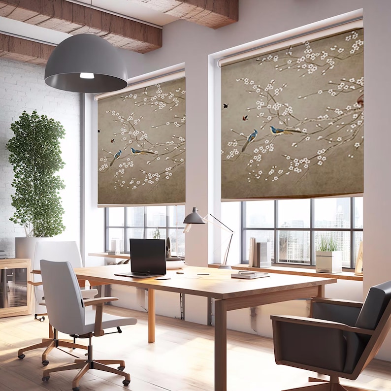 Chinoiserie Blackout Roller Shade: Birds on Trees, Colorful Window ...