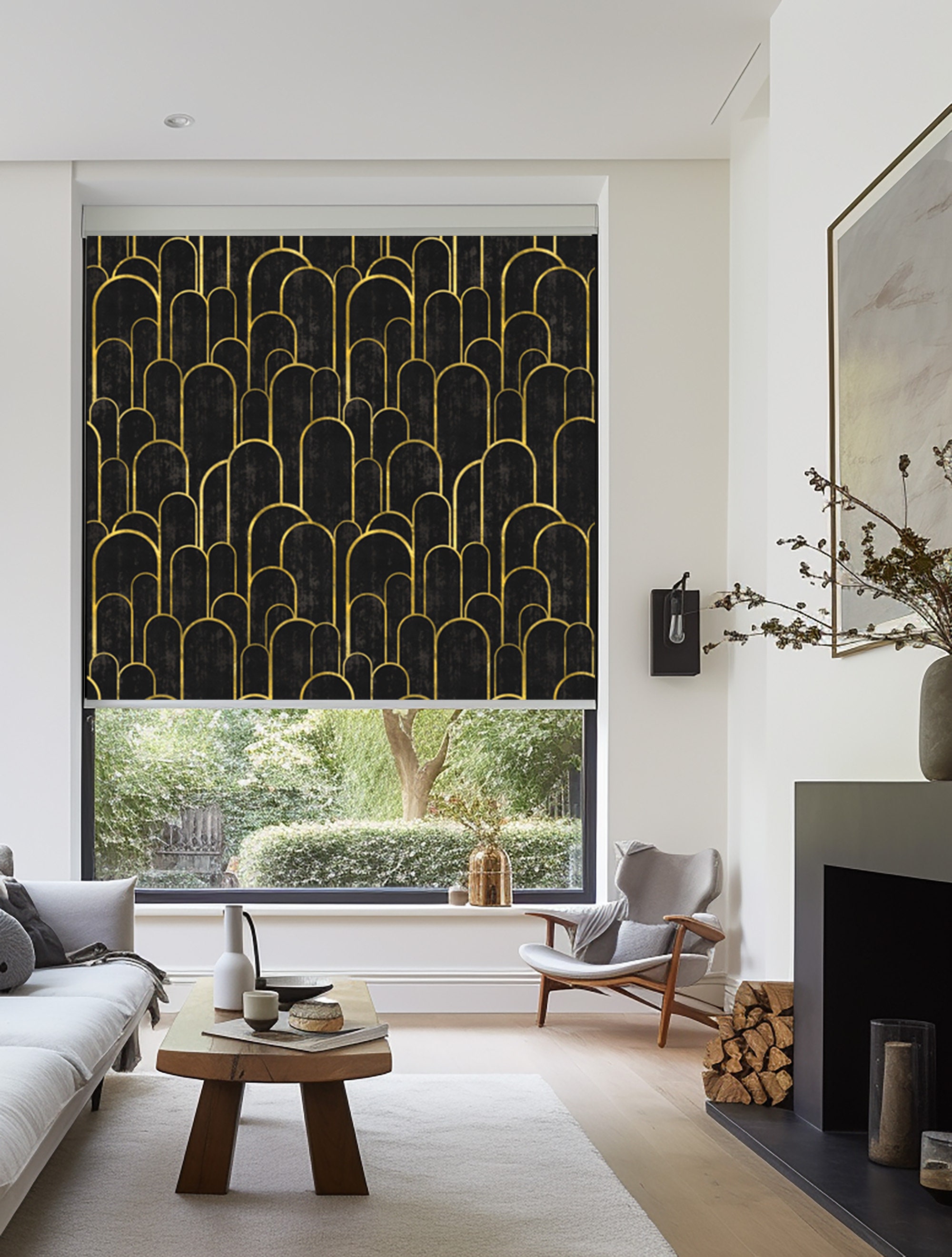 Gold Black Luxury Pattern Roller Shades, Geometric Gold Blackout Roller ...