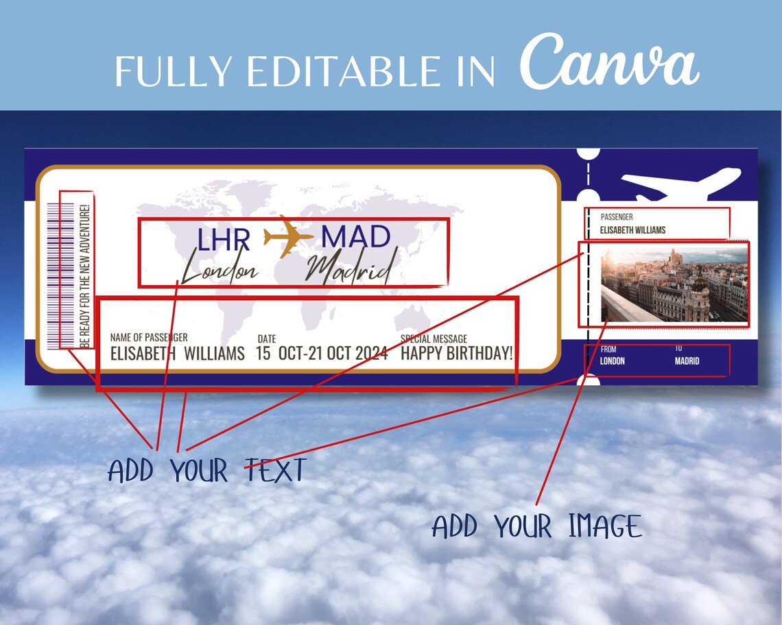 Editable Boarding Pass Template, Printable Personalized Airline Ticket ...