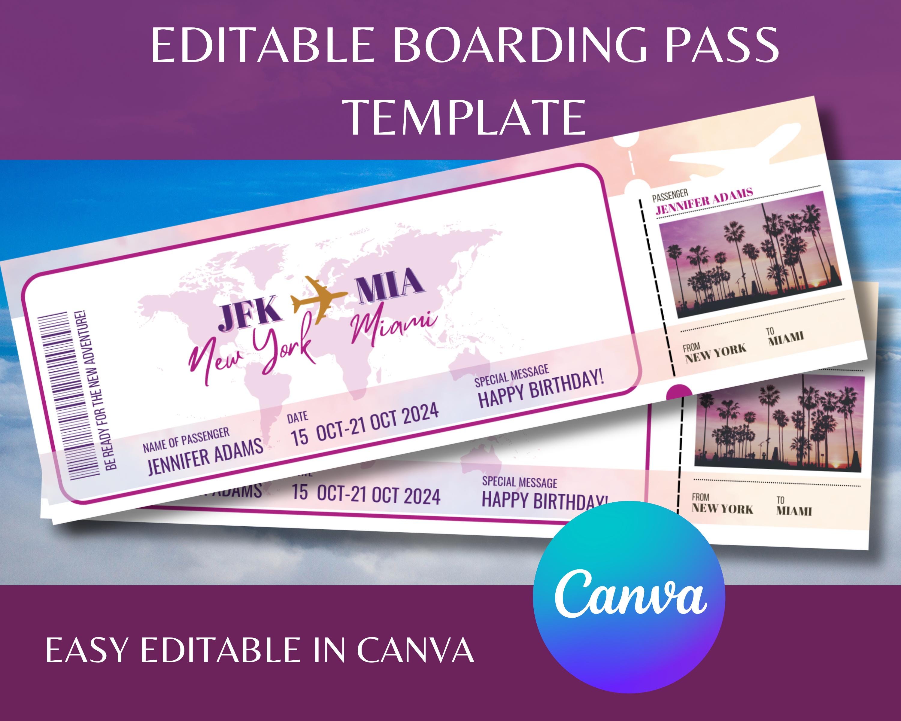 Editable Boarding Pass Template, Printable Personalized Airline Ticket ...
