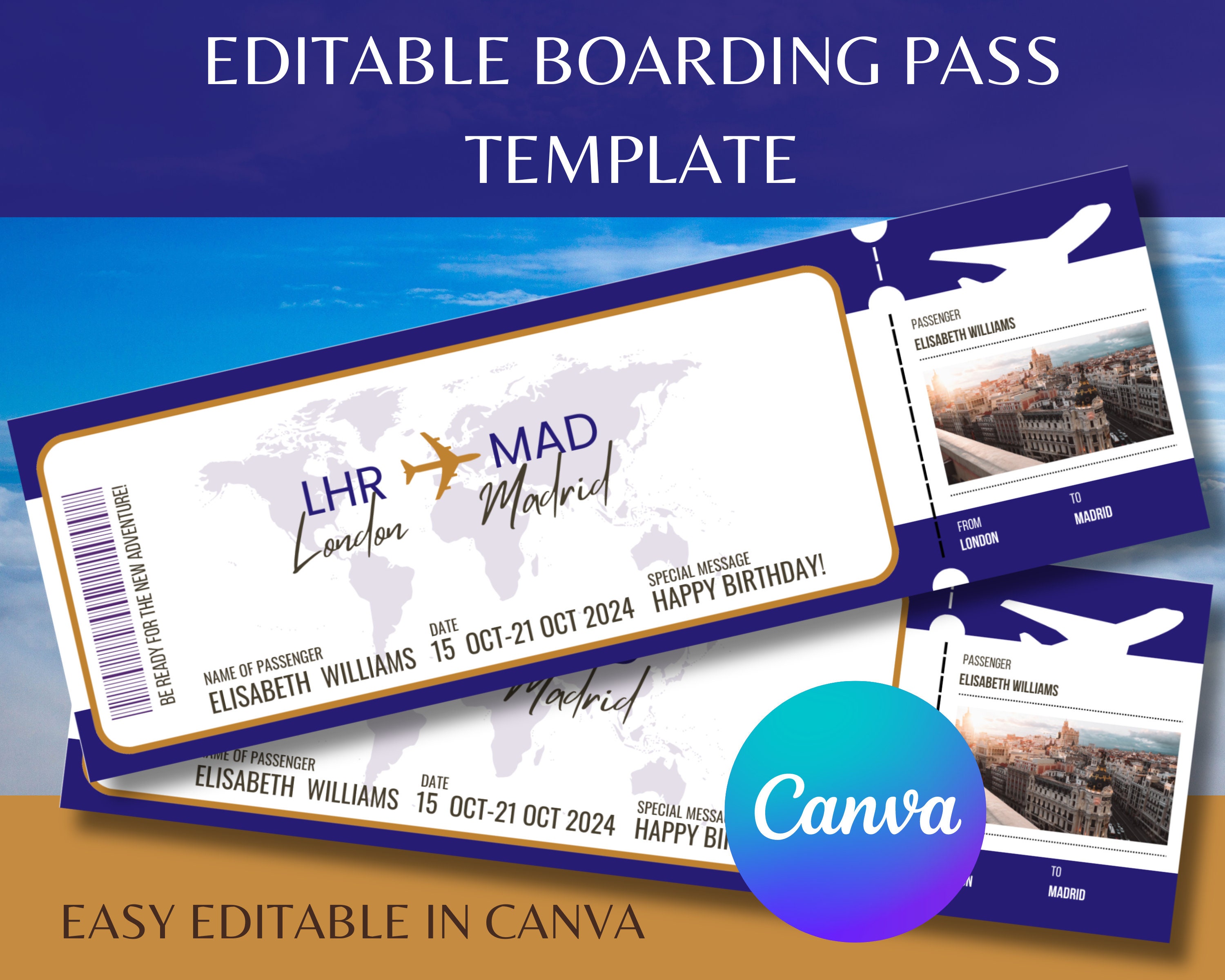 Editable Boarding Pass Template, Printable Personalized Airline Ticket ...